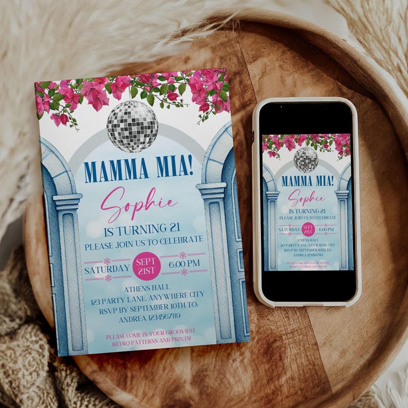 Dancing Queen Birthday Invitation, Retro Greek Island Theme (digital ...