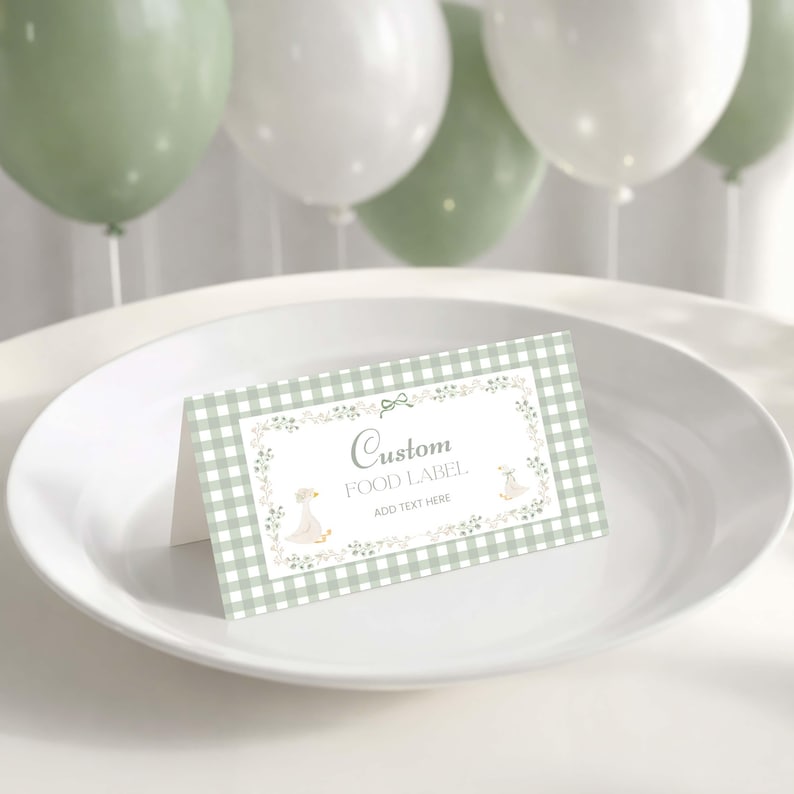Silly Goose Baby Shower Food Labels, Sage Green Bow Gingham Tent Card ...