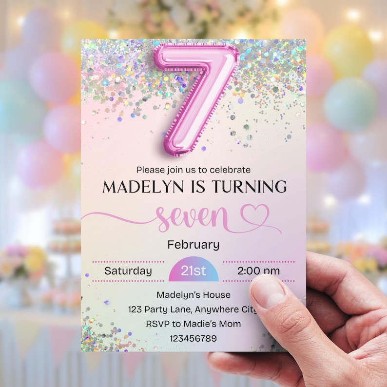 Editable 7th Birthday Invitation Girl, Pink 7th Birthday Invitation ...