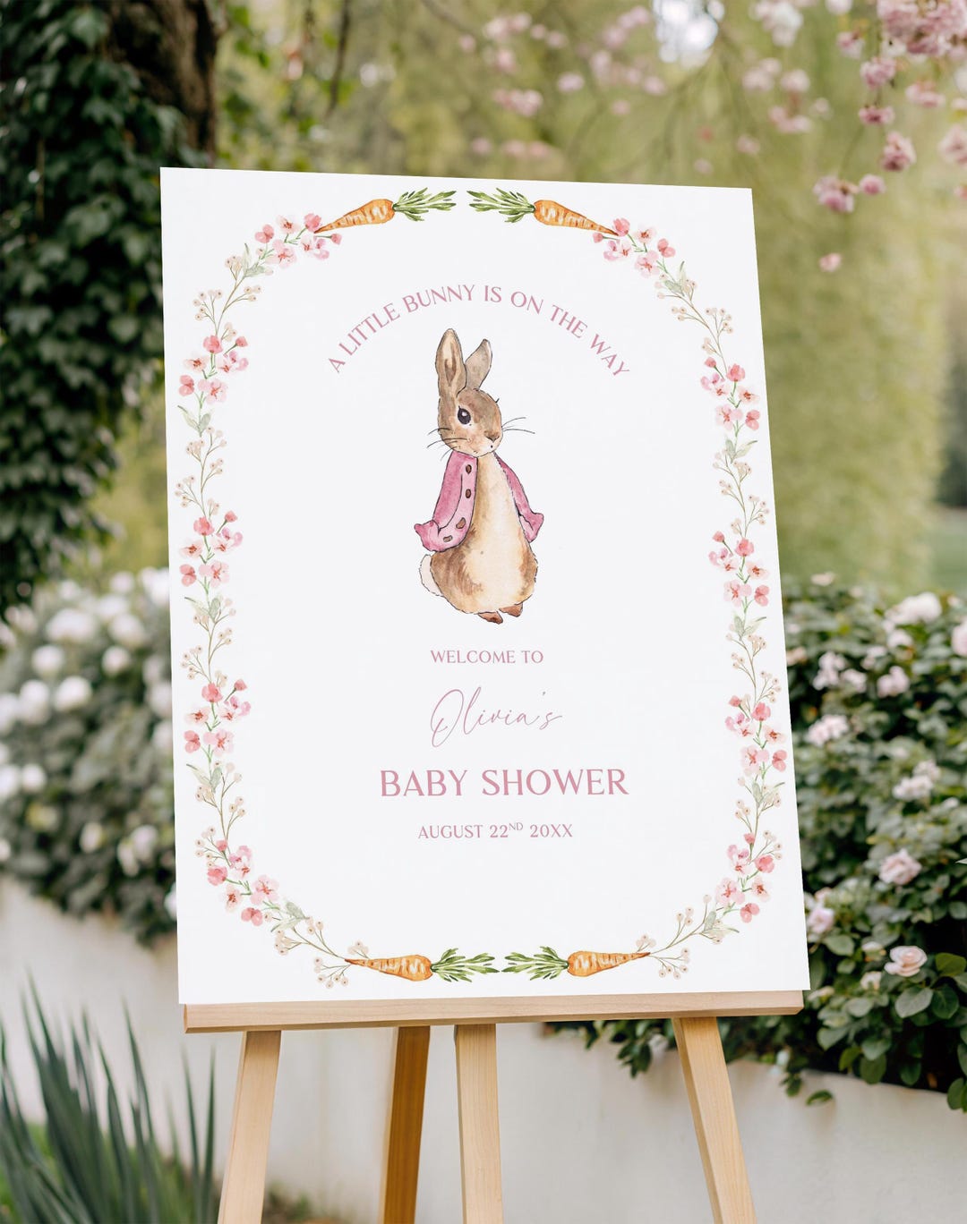 Peter Rabbit Baby Shower Welcome Sign Pink, A Little Bunny is on the ...
