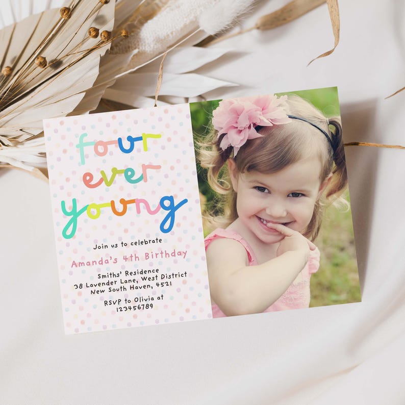 Four Ever Young 4th Birthday Invitation, Colorful Rainbow Girl Photo ...
