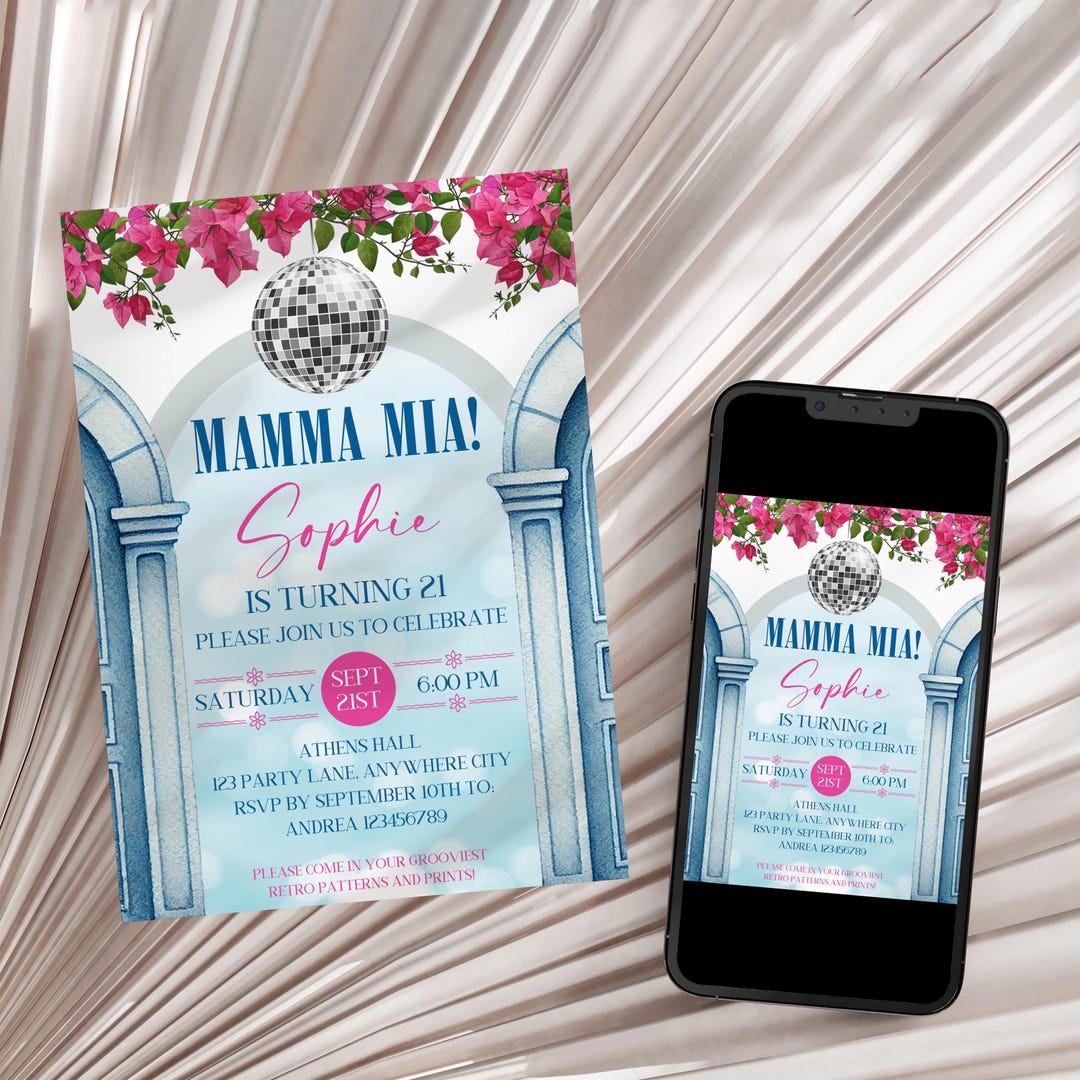 Dancing Queen Birthday Invitation, Retro Greek Island Theme (digital ...