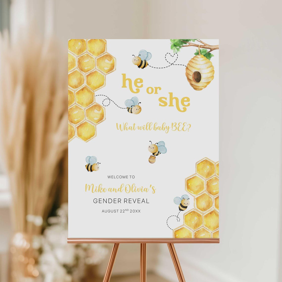 Bee Gender Reveal Welcome Sign, He or She Baby Shower Welcome Poster ...