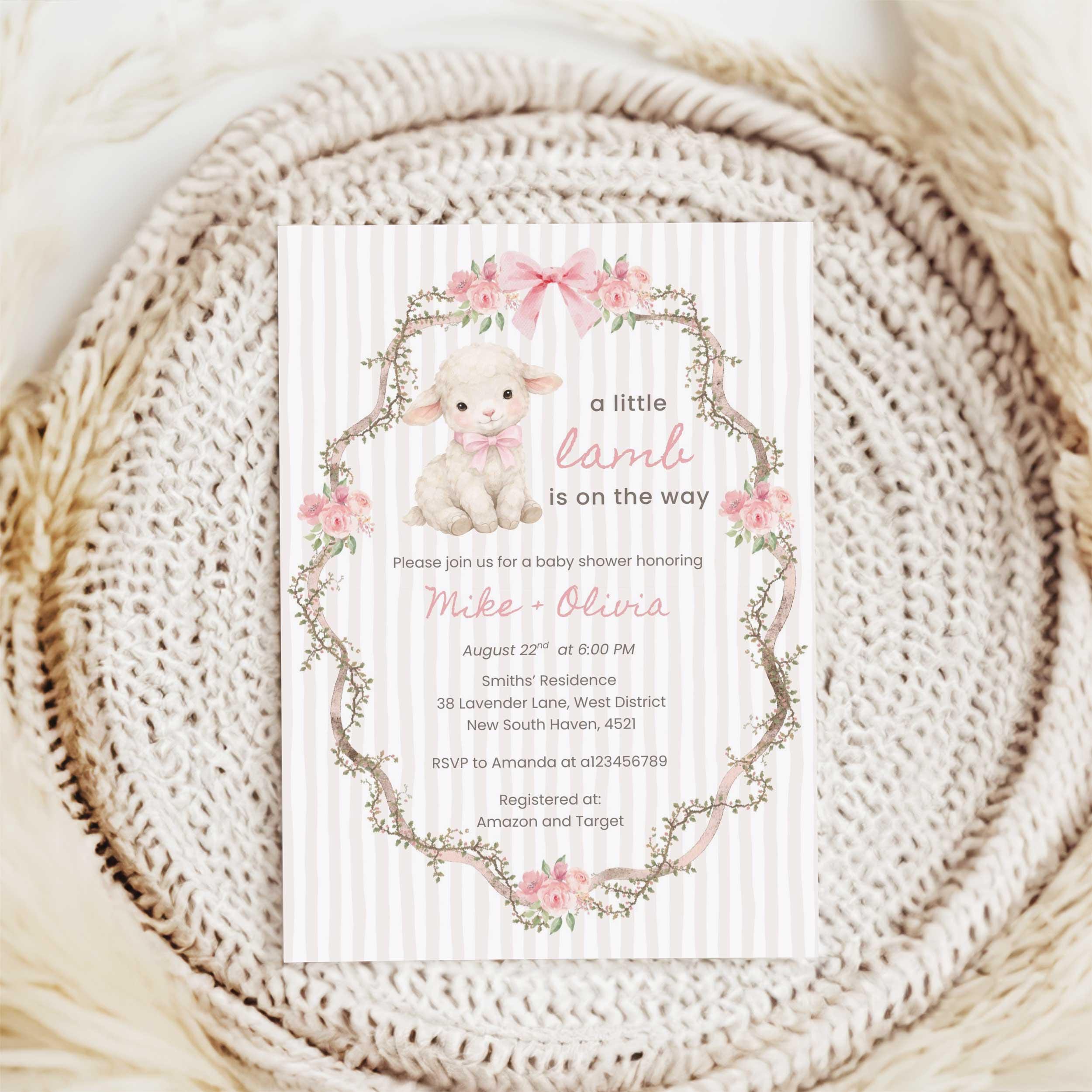 Little Lamb Baby Shower Invitation Bundle, Lamb With Pink Bow Girl ...