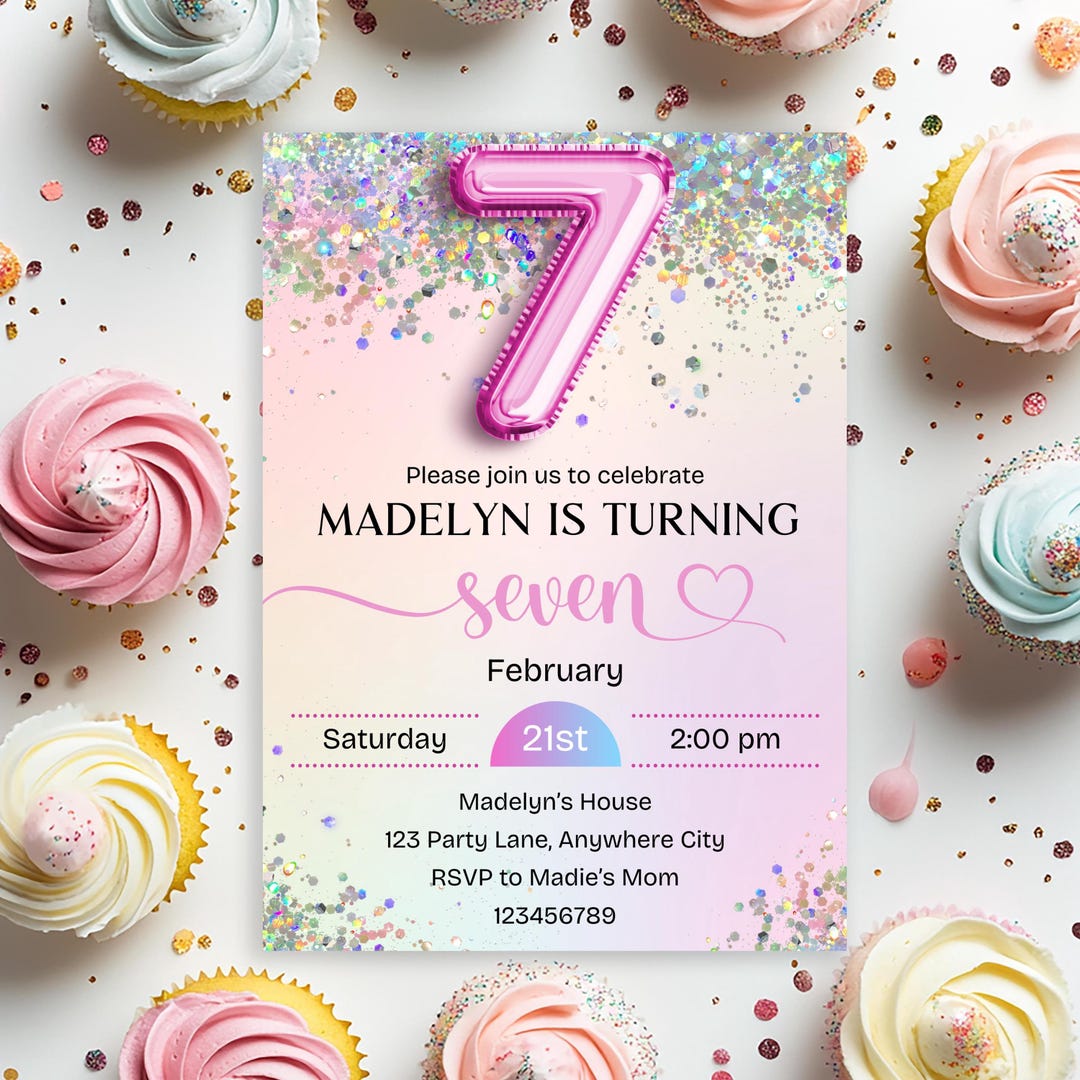 Editable 7th Birthday Invitation Girl, Pink 7th Birthday Invitation ...