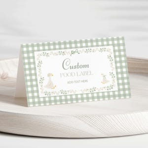 Silly Goose Baby Shower Food Labels, Sage Green Bow Gingham Tent Card ...