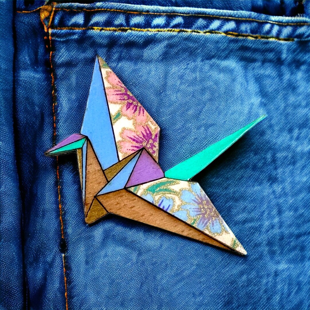 Colorful Origami Paper Crane Brooch,lasercut Wood Brooch,japanese Paper ...