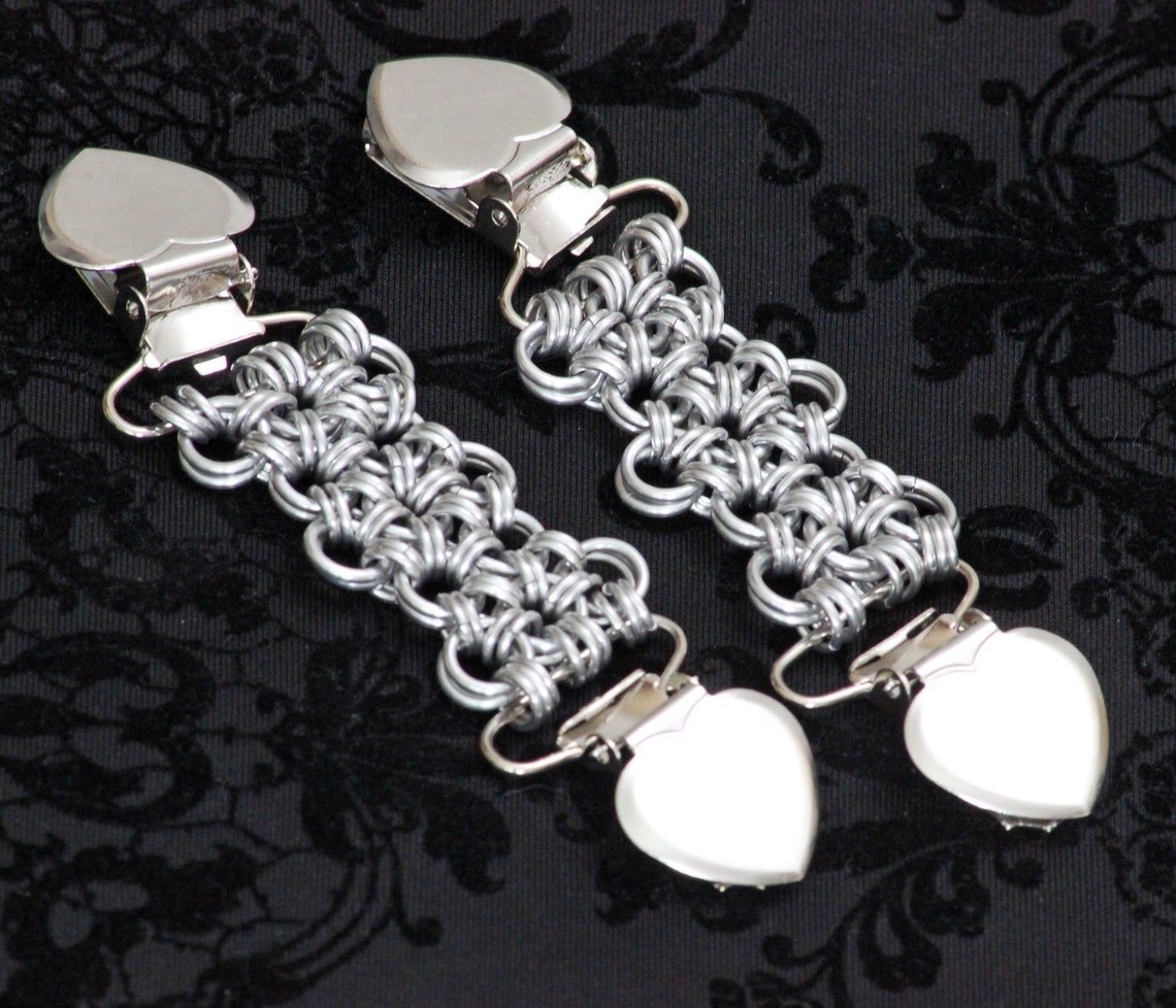 Black and Silver Heart Clip Chainmail Skirt Lifters (1 Pair), Garters ...