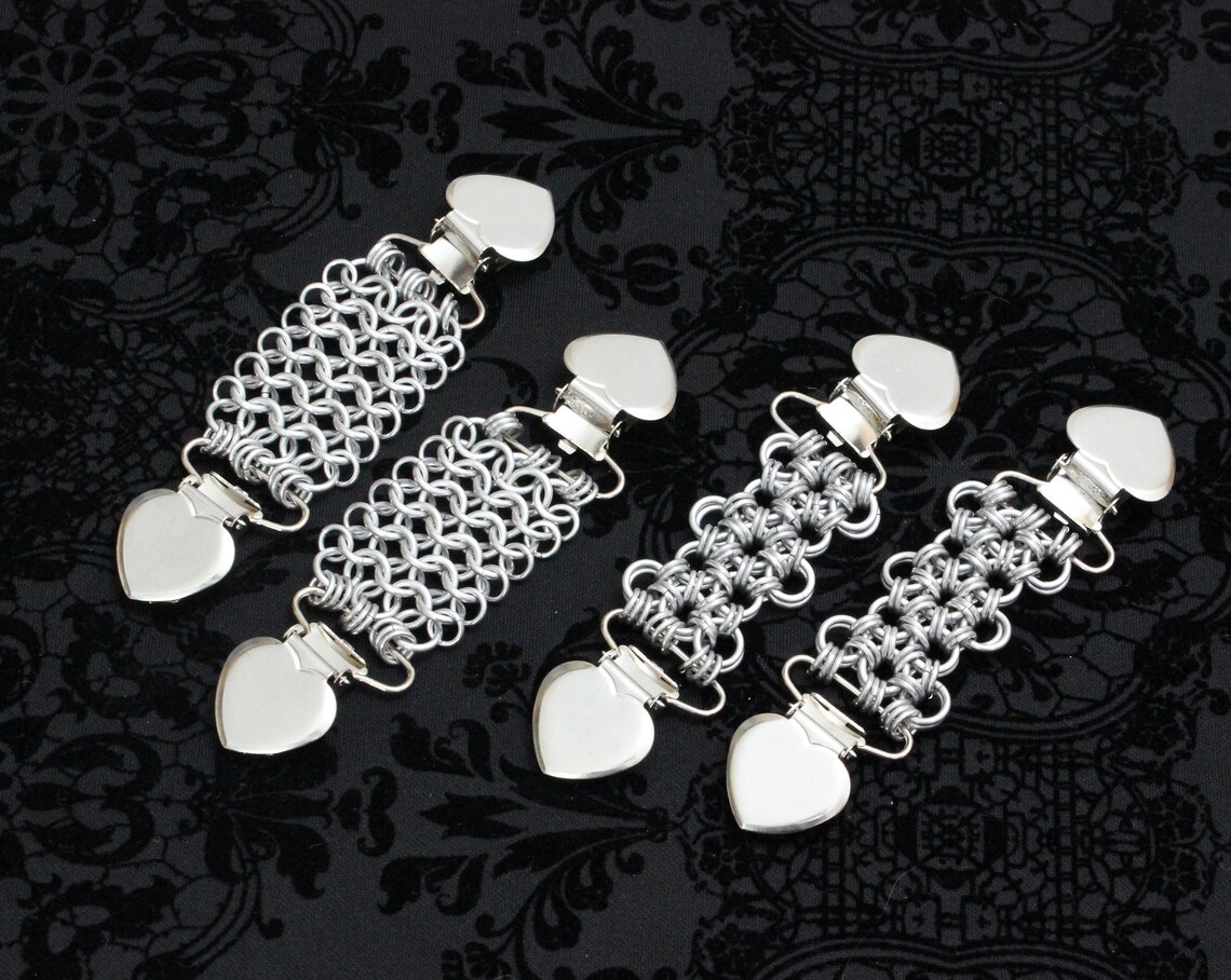 Black and Silver Heart Clip Chainmail Skirt Lifters (1 Pair), Garters ...
