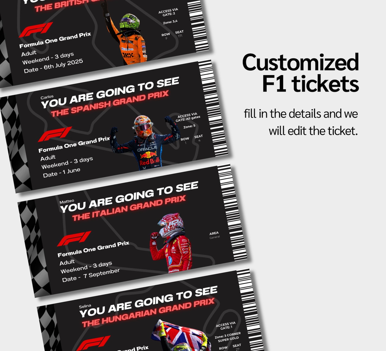 Tickets F1 Personalizados Formula 1 Aston Martin Ferrari Personalizar ...