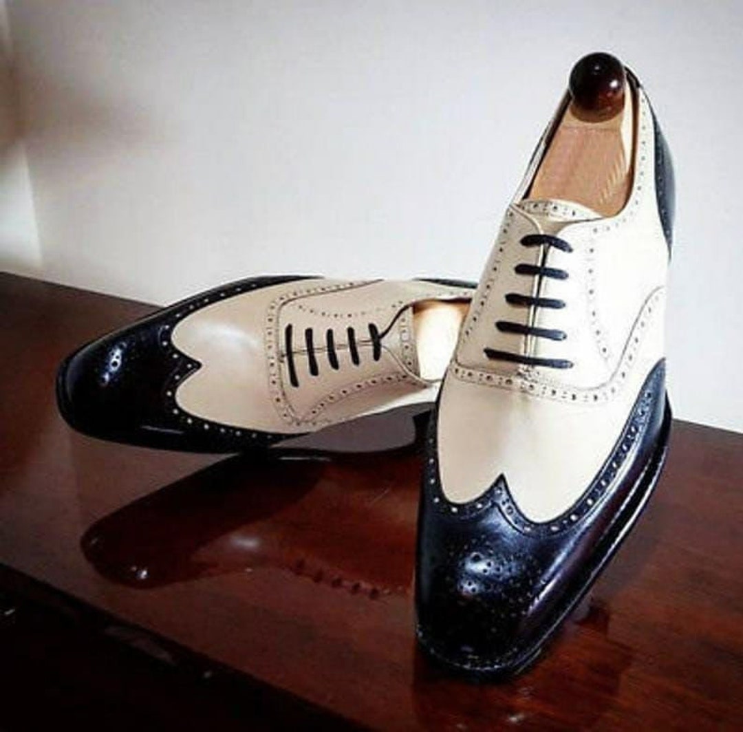 Bespoke Men's Handmade Two Tone Cream and Black Leather Shoes, Oxford ...