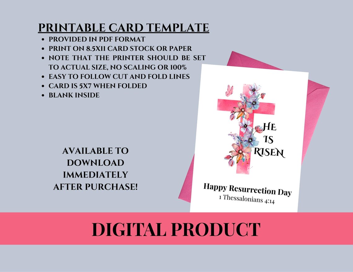 Printable He is Risen Card – Happy Resurrection Day Greeting Card | 5x7 ...