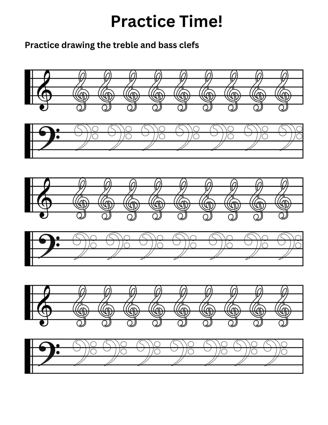 Printable Treble & Bass Clef Practice Sheet: Music Student Worksheet ...