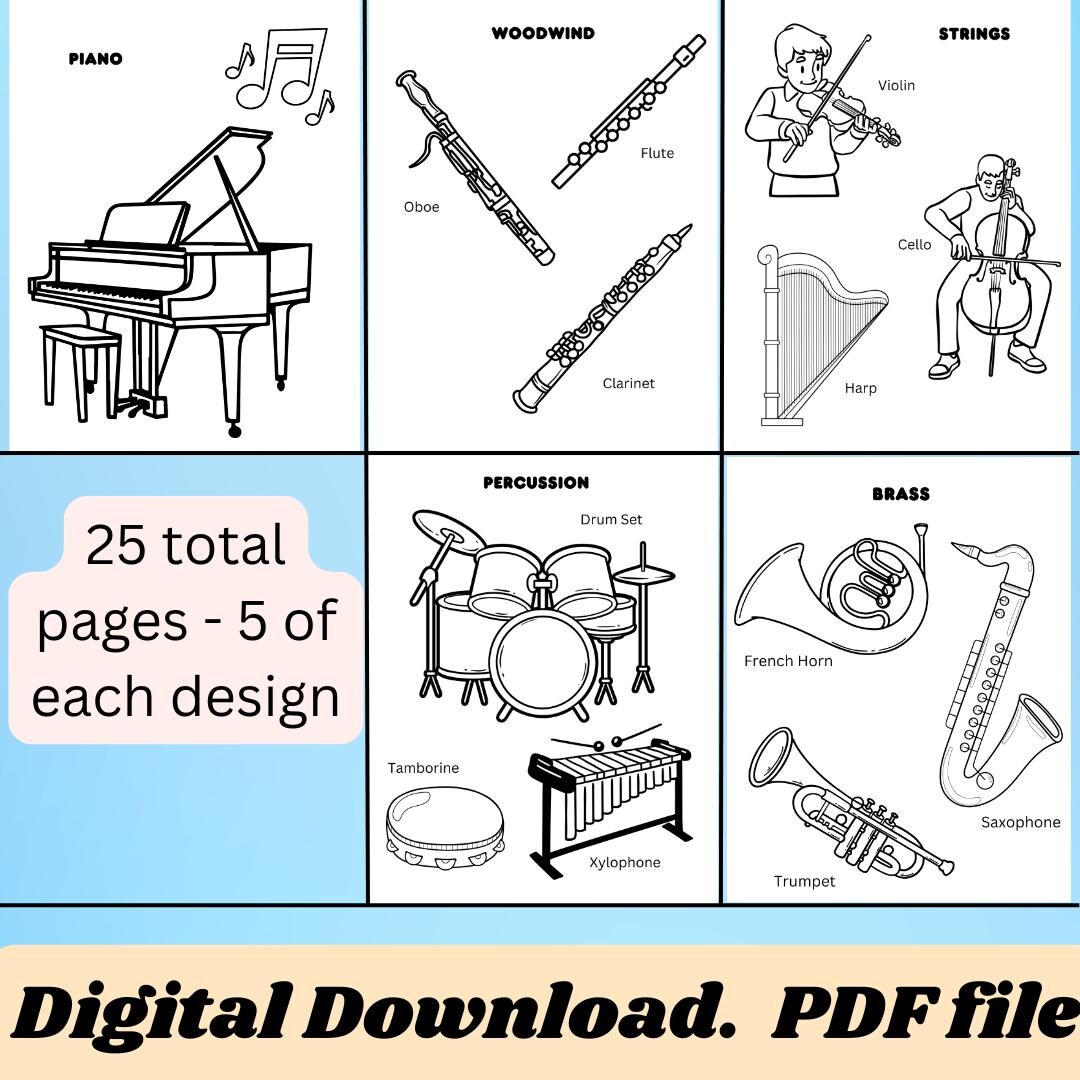 Printable Coloring Pages for Kids With Musical Instruments - Etsy