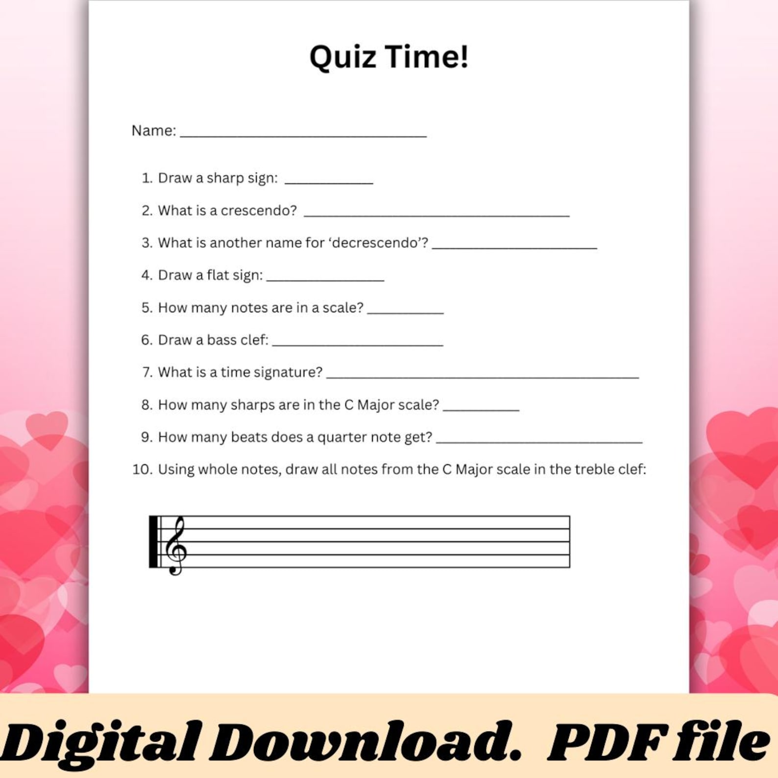 Printable Quiz on Music Theory for Student Piano Theory Quiz Resource ...
