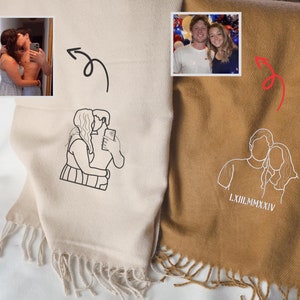 Embroidered Couple Outline Portrait Scarf, Personalised Couple Line Art ...