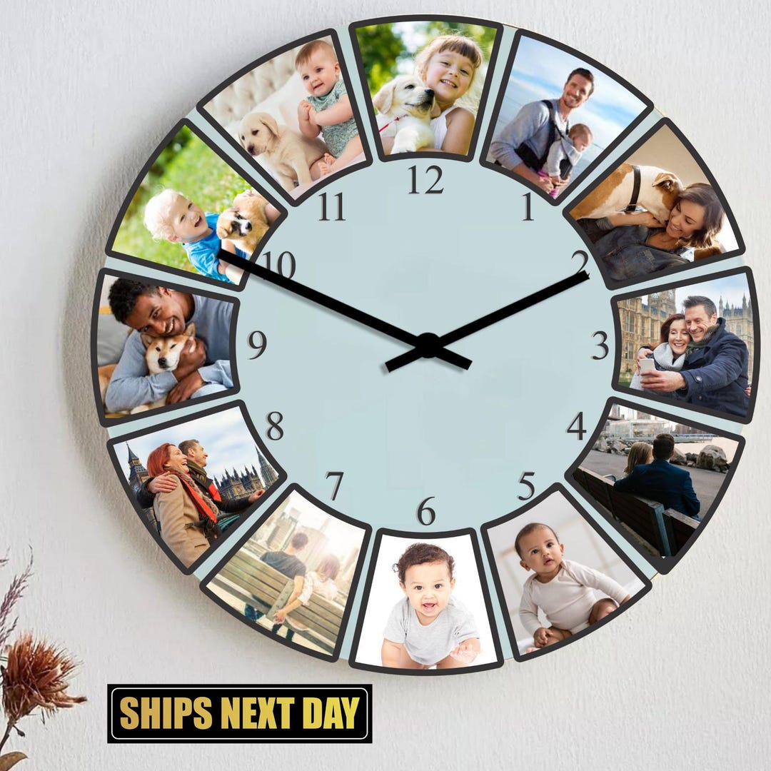 Personalised Photo Collage Wall Clock, Custom Pictures Glass Wall Clock ...