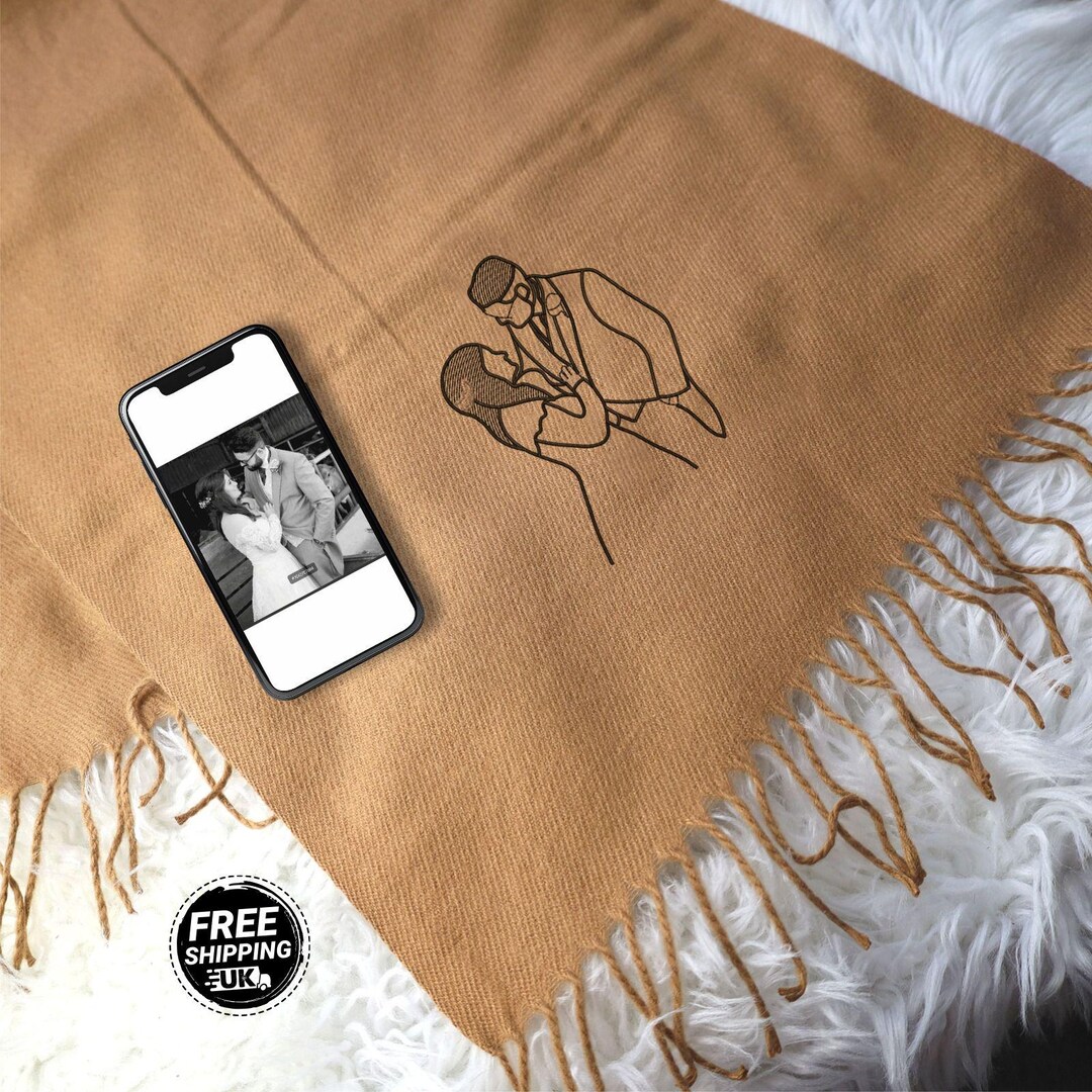 Custom Embroidered Outline Portrait Scarf, Personalised Couple Sketch ...