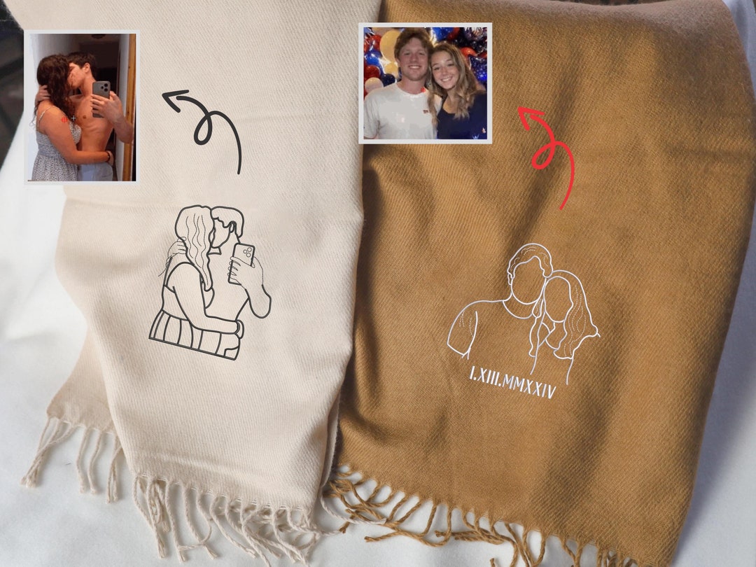 Embroidered Couple Outline Portrait Scarf, Personalised Couple Line Art ...