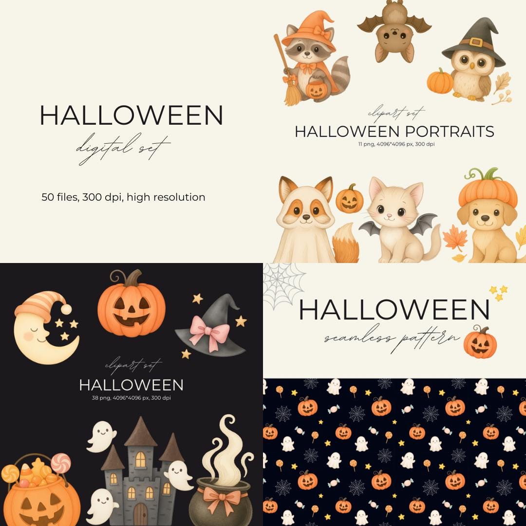 Halloween Clipart Bundle Cute Animals Stickers | Kawaii Spooky Ghosts ...