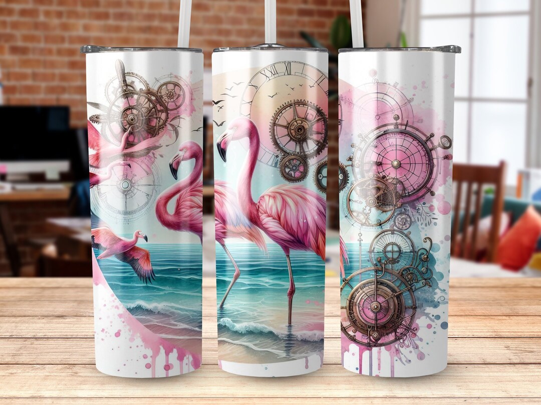 Steampunk Pink Flamingo Beachy Tumbler Wrap: Ocean View (digital ...