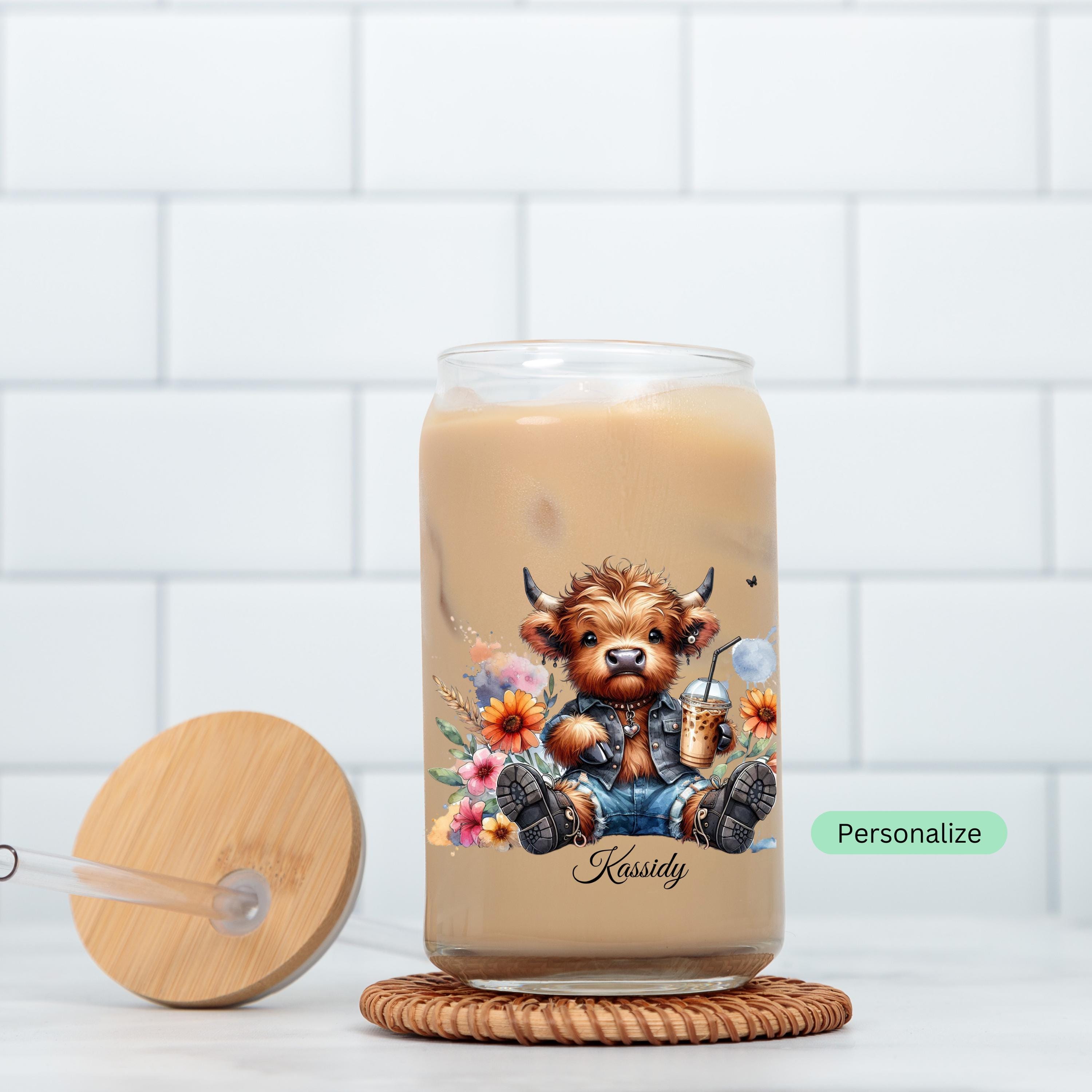 Adorable Highland Cow With Bubble Tea, Cow in Jean Overalls With ...