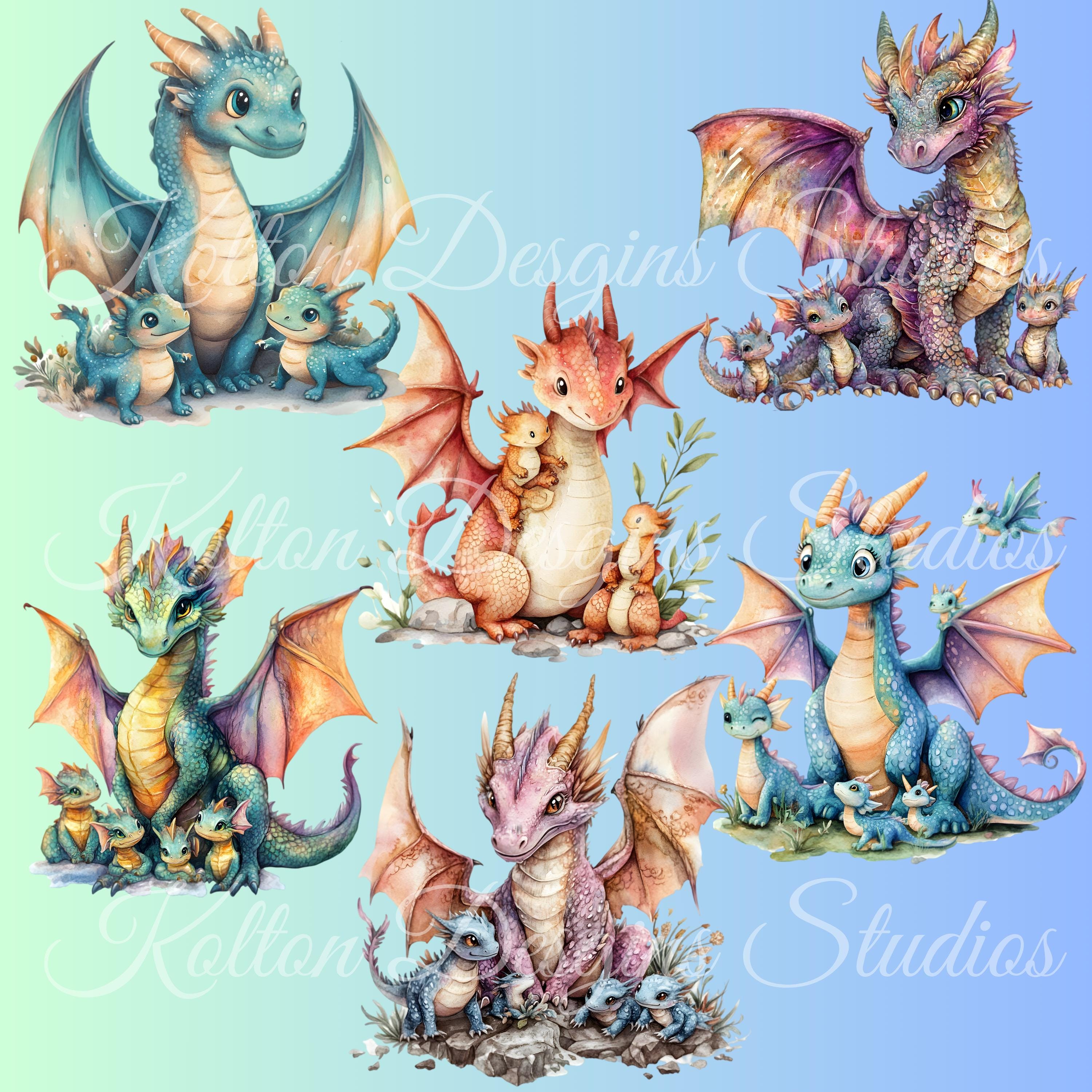 Watercolor Mom and Baby Dragons Clip Art: Fantasy Nursery Decor ...