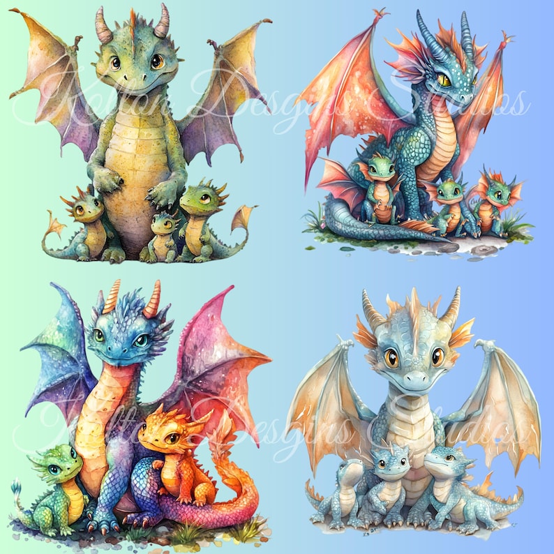 Watercolor Mom and Baby Dragons Clip Art: Fantasy Nursery Decor ...