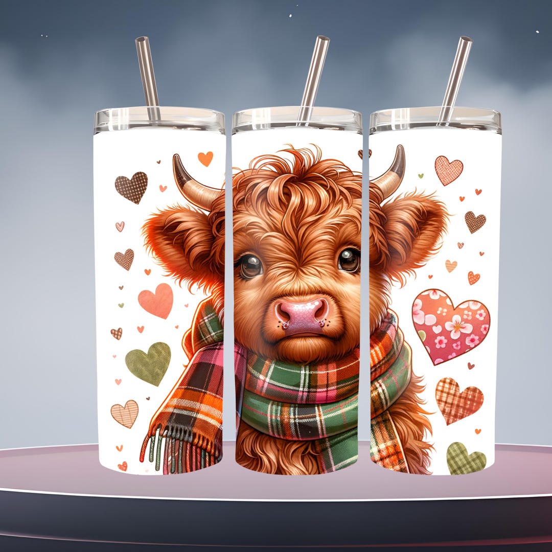Cute Valentine Highland Cow With Scarf Tumbler, Heart Pattern, Unique ...