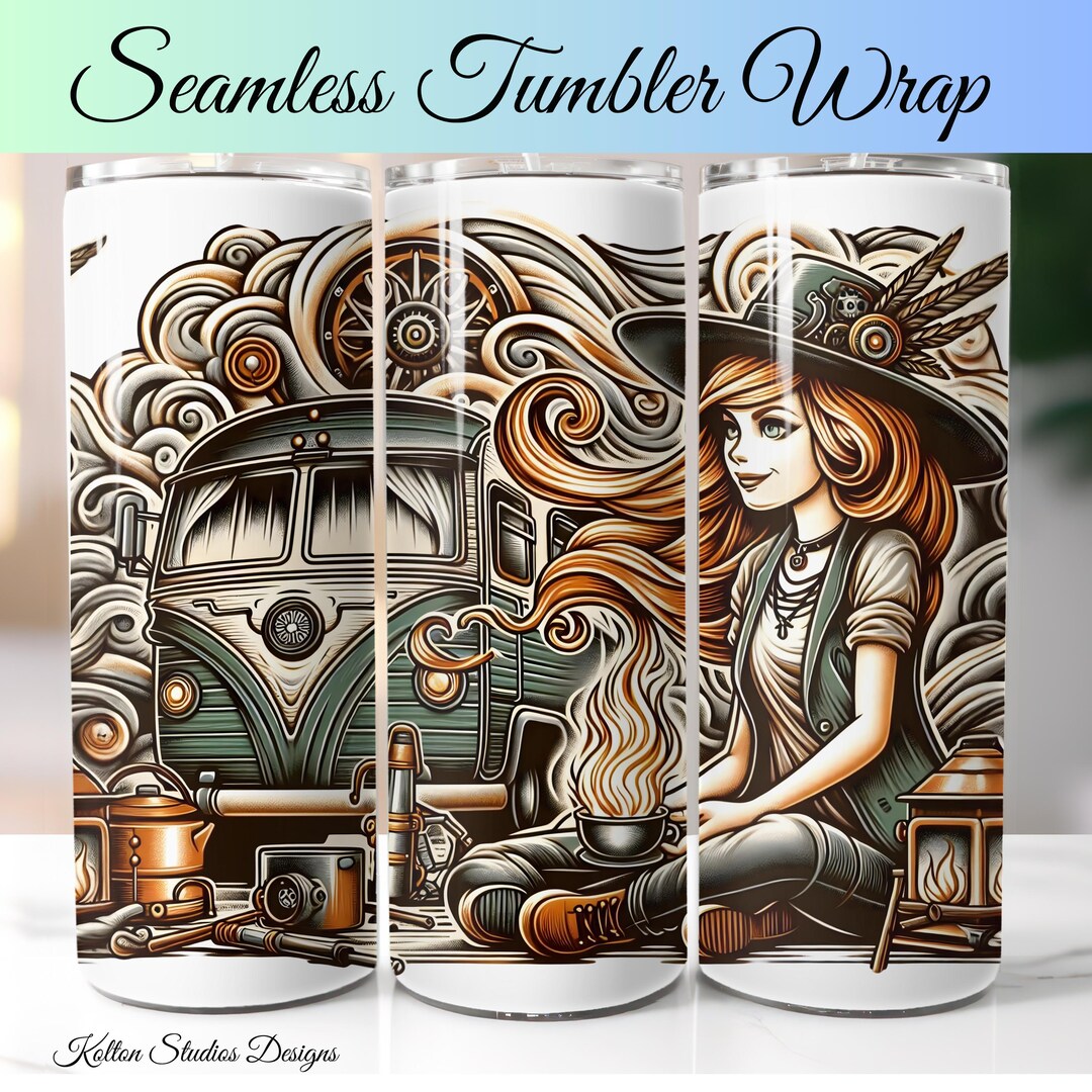 Steampunk Girl Camping Tumbler Wrap: Vintage Van Design (digital ...
