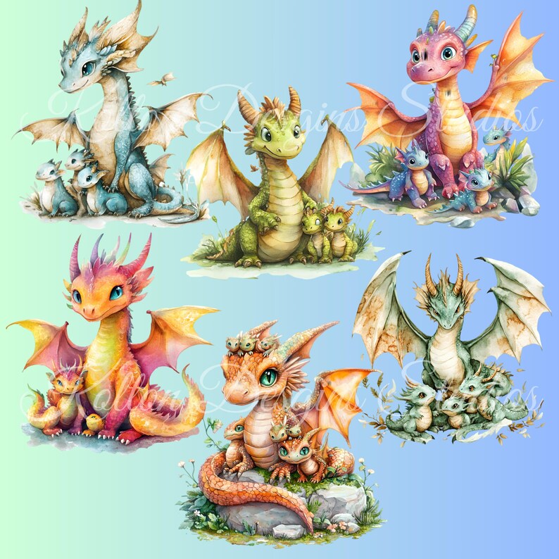 Watercolor Mom and Baby Dragons Clip Art: Fantasy Nursery Decor ...