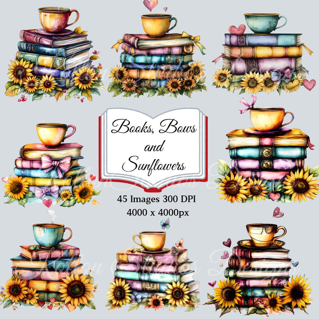 Bright Vintage Book Stack With Sunflowers, Coffee Mug and Coquette Bow ...