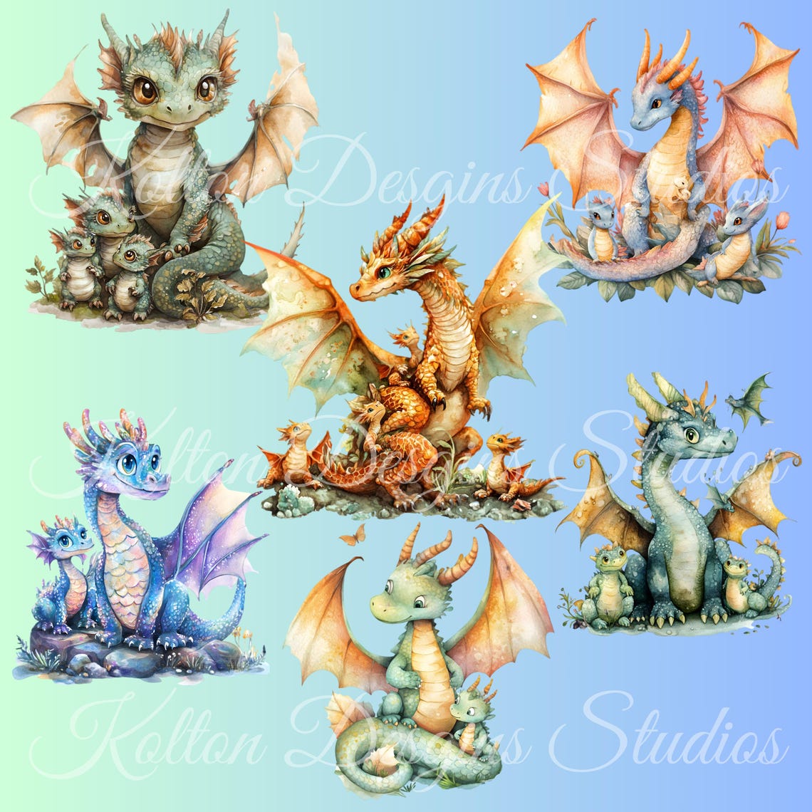 Watercolor Mom and Baby Dragons Clip Art: Fantasy Nursery Decor ...