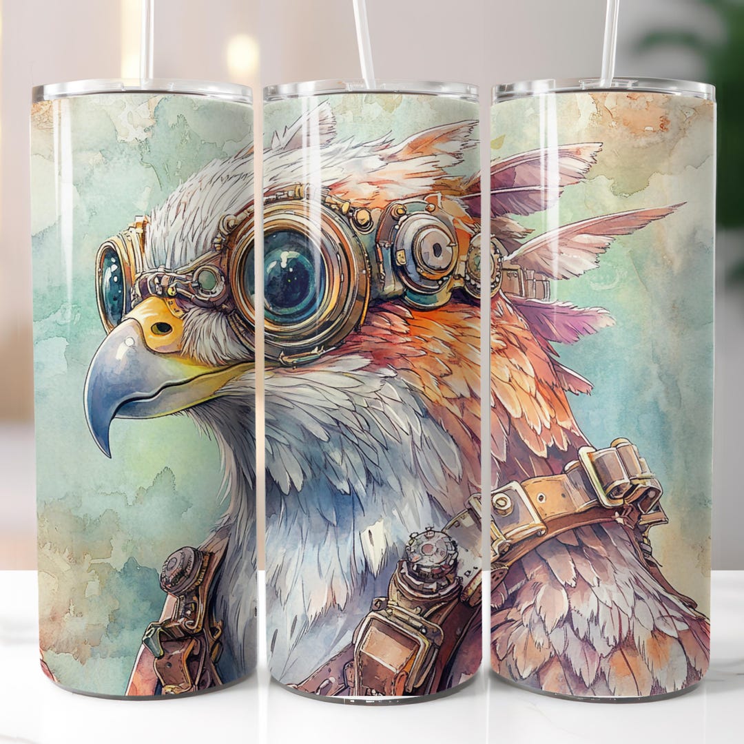 Steampunk Hawk Digital Tumbler Wrap, Watercolor Hawk, Colorful ...