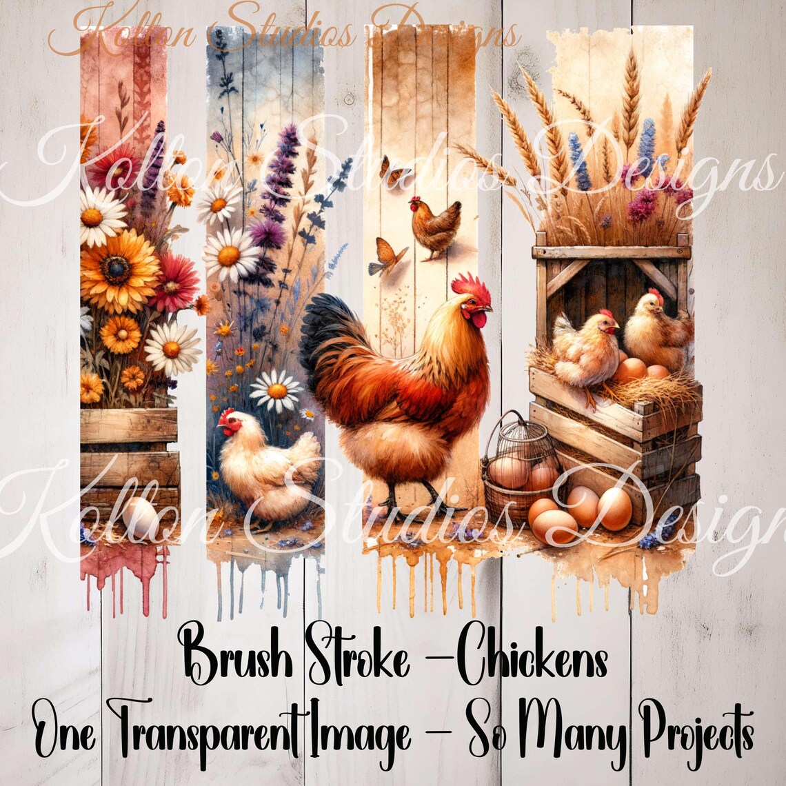 Brush Stroke Farmhouse Chicken Floral Art, Floral Digital Png ...
