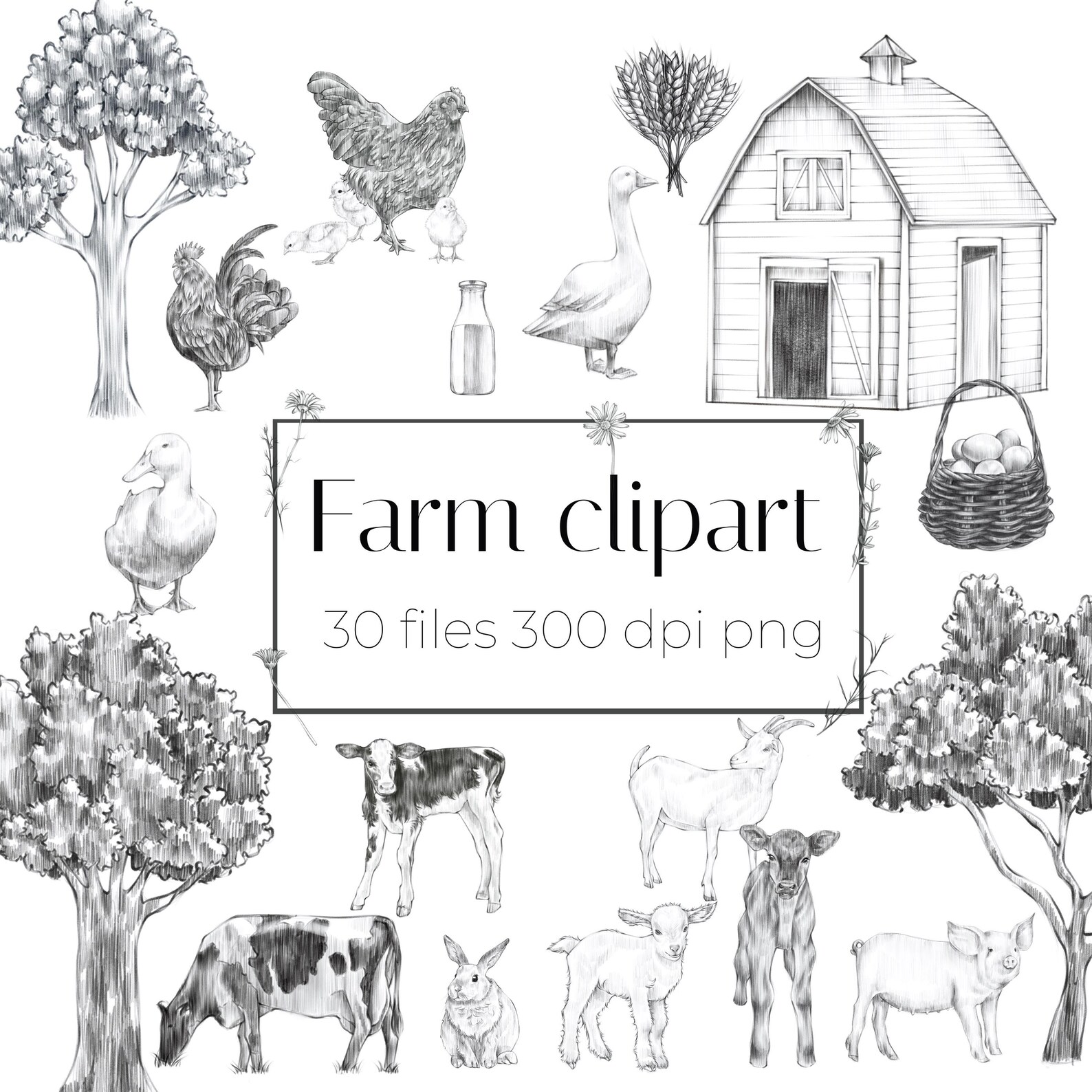Cow Animal Illustration Bundle Goose Rabbit Goat Pig Chicken Farm Peak ...