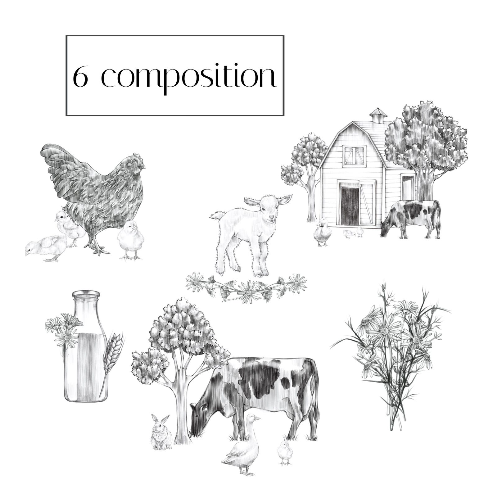 Cow Animal Illustration Bundle Goose Rabbit Goat Pig Chicken Farm Peak ...