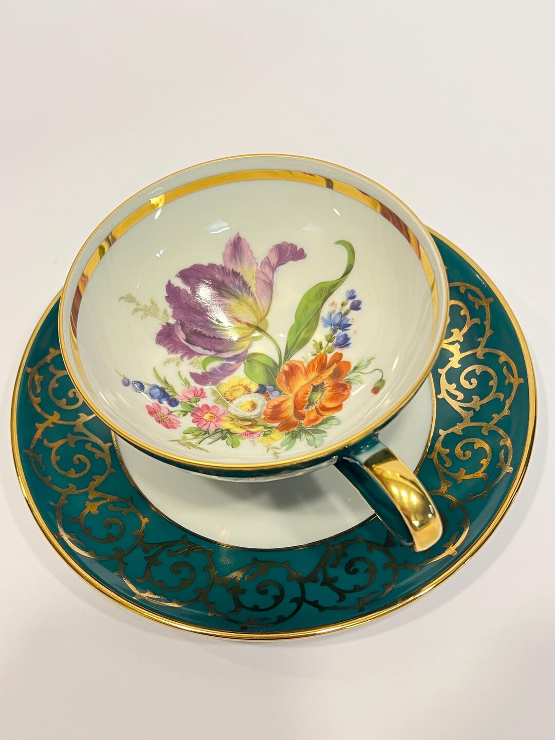 Vintage GLORIA Porcelain Cup & Saucer Set - Green Floral With Gold Trim ...