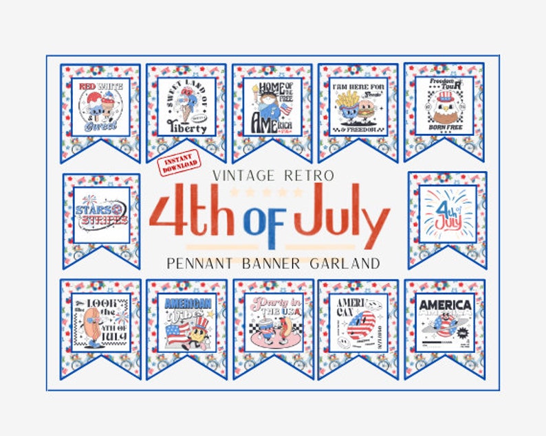 Vintage 4th of July Banner - Instant Download, Retro American Flag ...