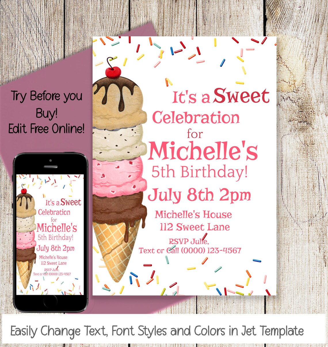 Editable Ice Cream Invitation Ice Cream Birthday Invite Any - Etsy