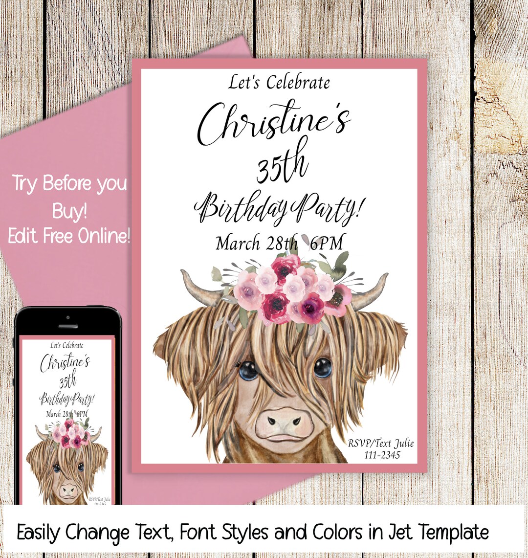 Highland Cow Invitation, Cow Birthday Party, Farm Invite, 5x7 Editable ...