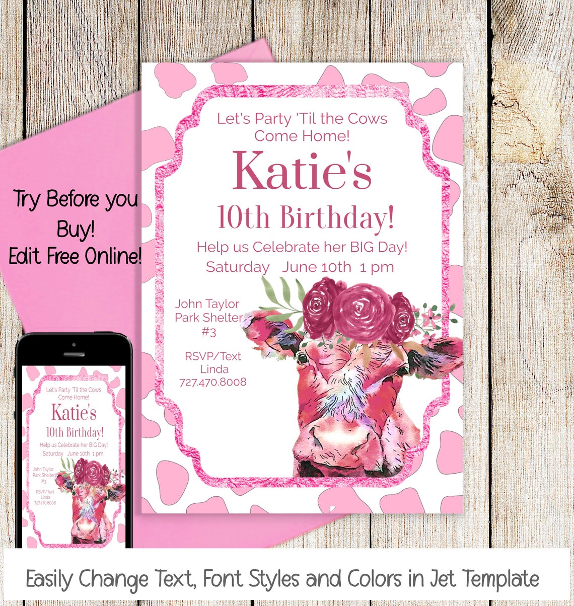 Editable Cow Invitation, Birthday Party, Farm Invite, 10th Birthday ...