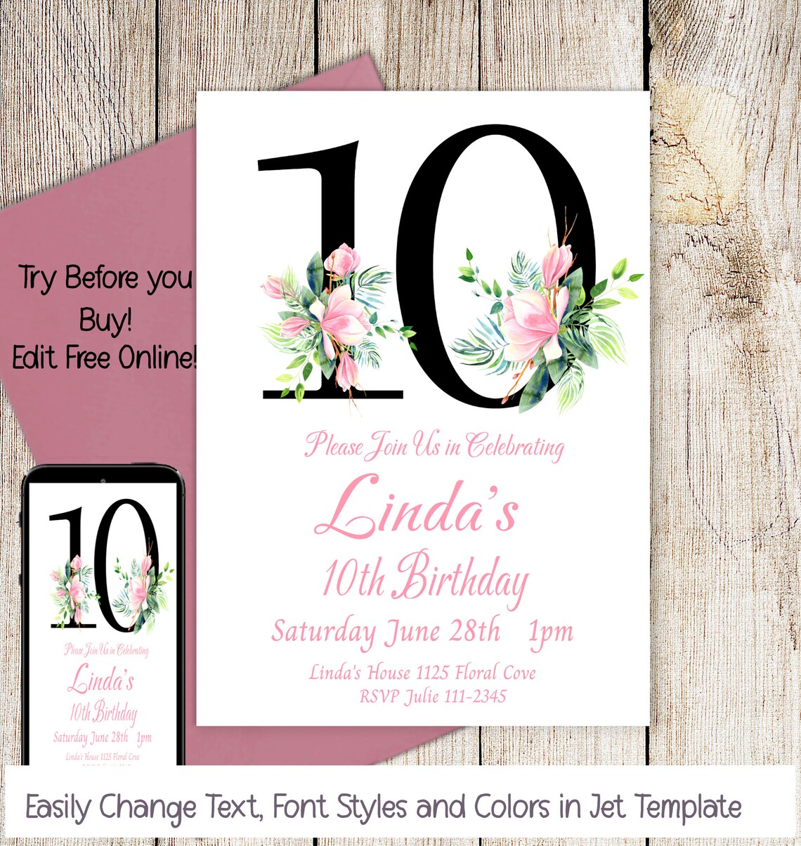 Editable 10th Birthday Invitation Floral Birthday Editable - Etsy