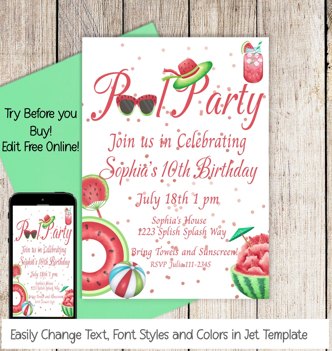 Watermelon Pool Party Invitation Template Watermelon Birthday - Etsy
