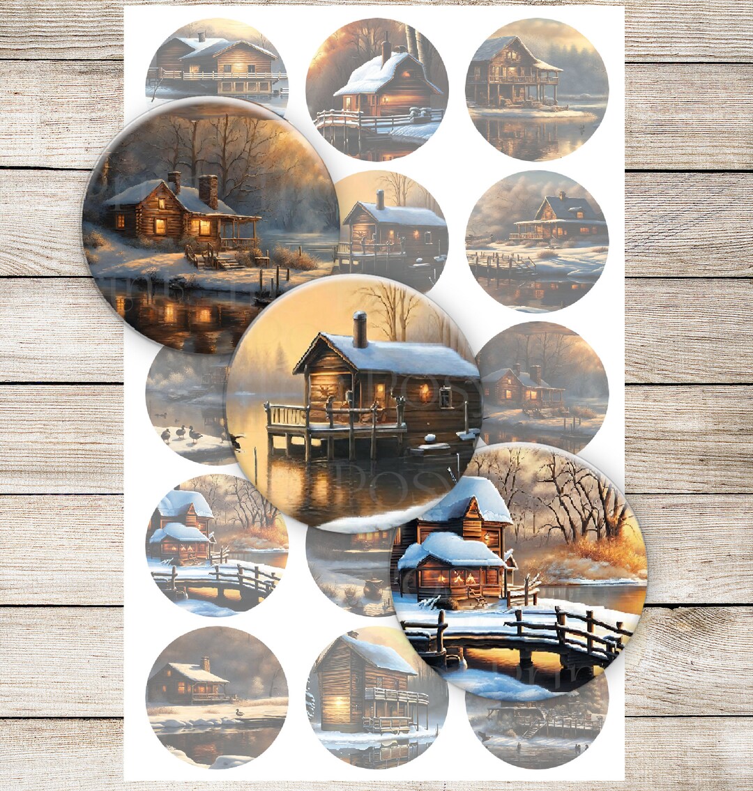 Winter Cabin Stickers, Cabin by the Lake, Snowy Scene, Instant Download ...