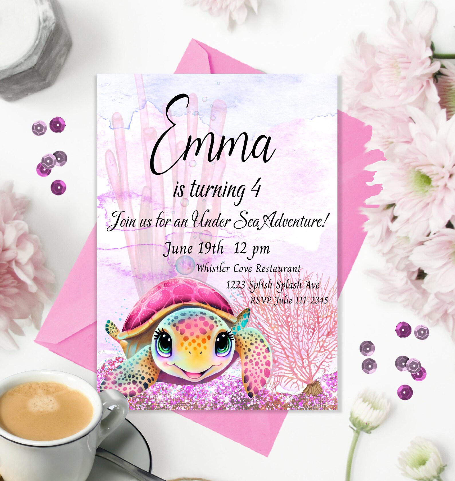 Editable Turtle Birthday Invitation Fourth Birthday Under - Etsy
