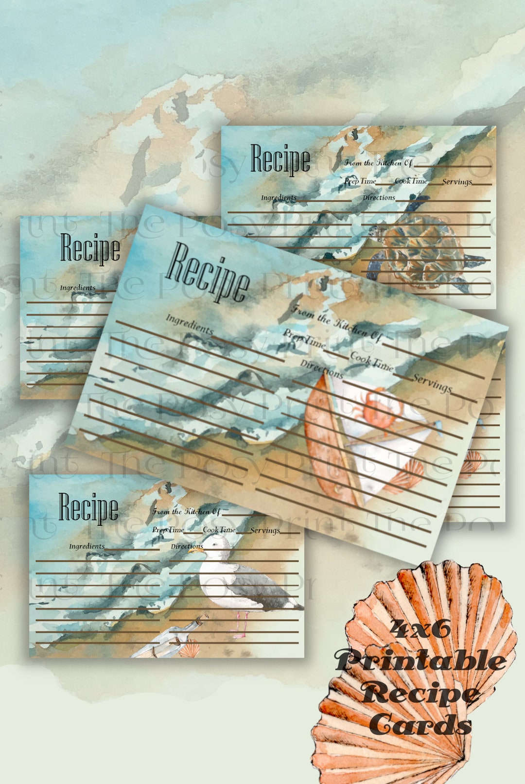 Beach Recipe Cards, Seashore Cards, Turtle Recipe Cards, 4x6 Printable ...