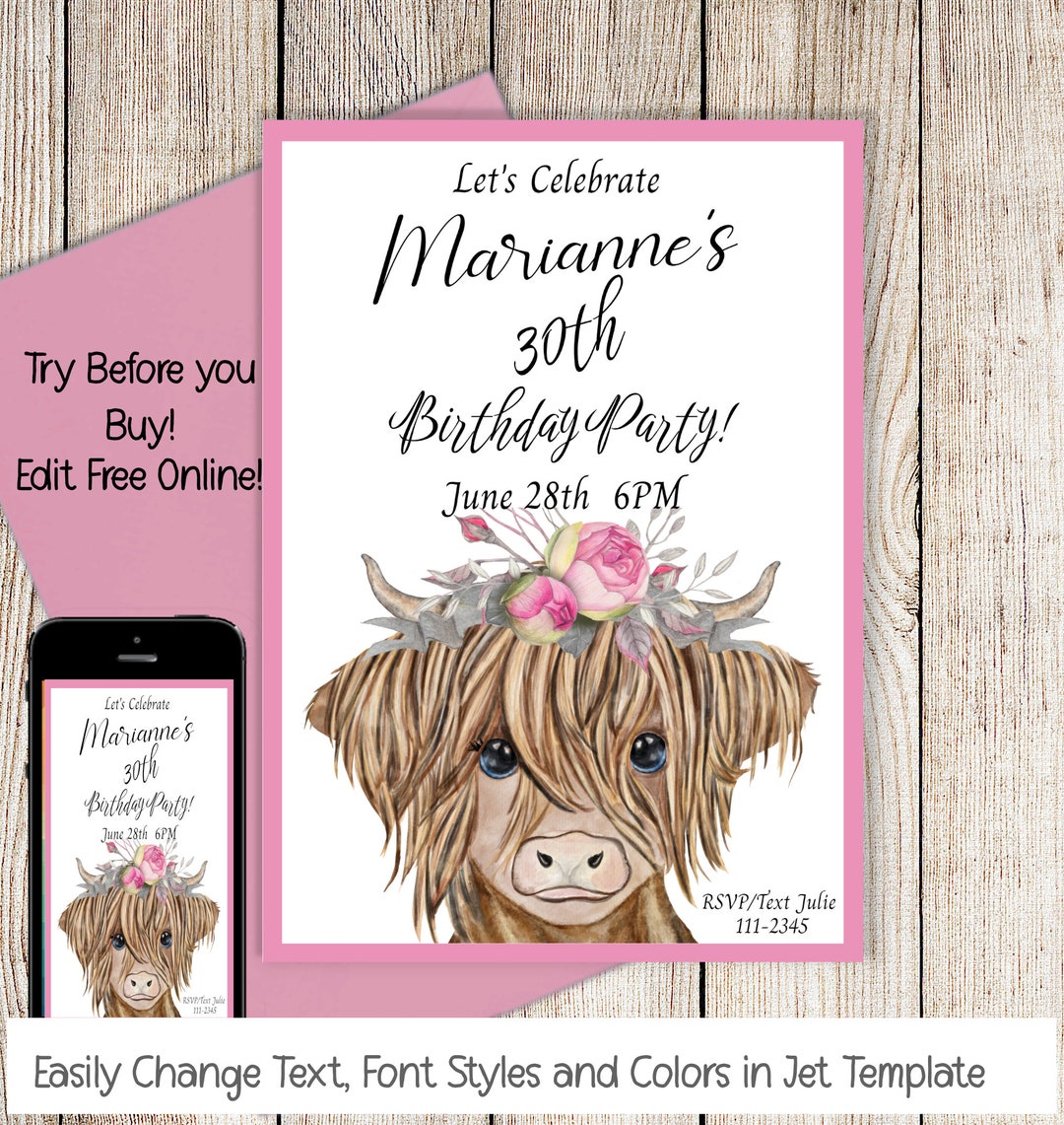 Highland Cow Birthday Invitation, Cow Birthday Party, Farm Invite, 5x7 ...