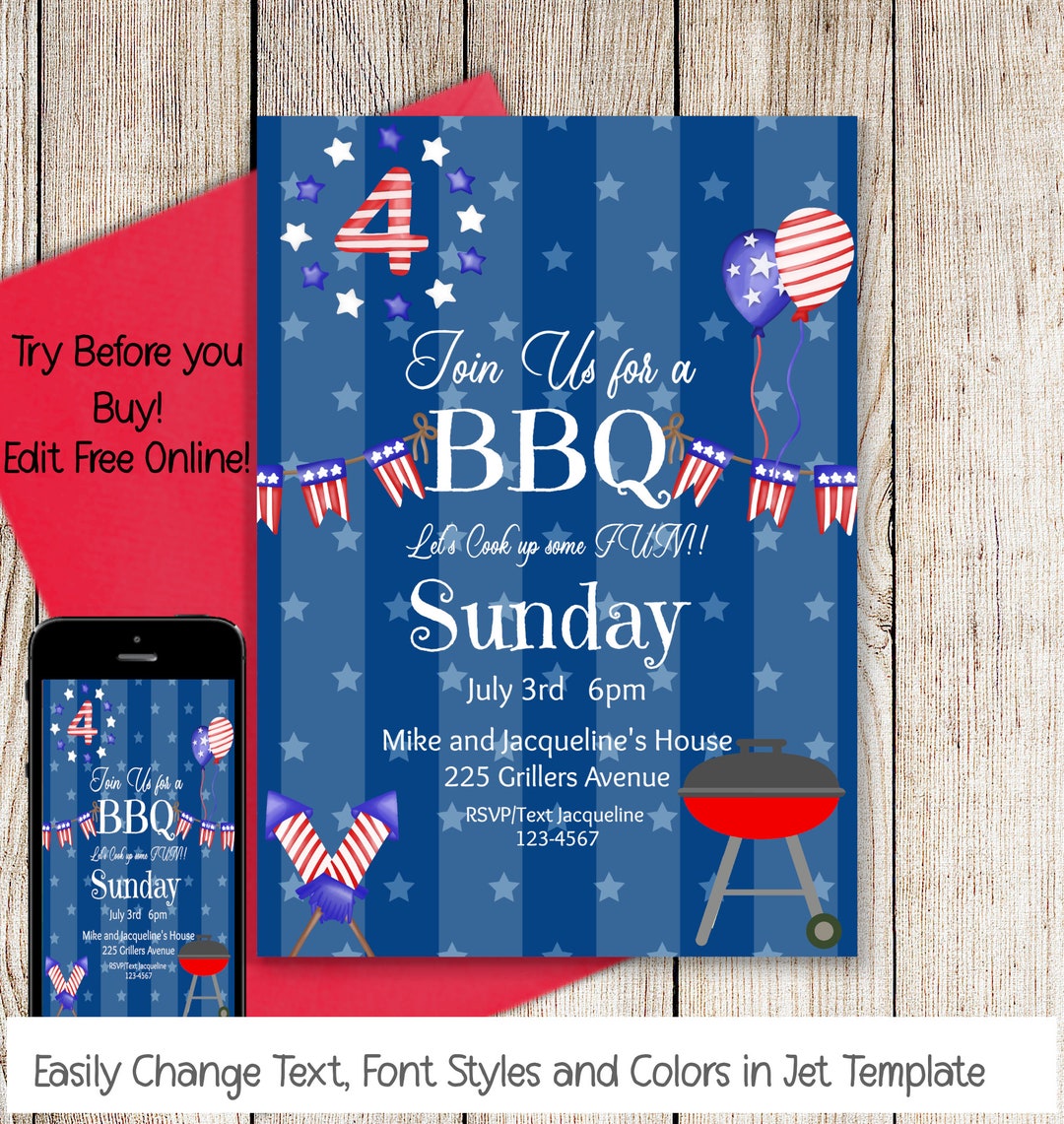 Editable BBQ Invitation, 4th of July Invitation, 5x7, BBQ Invite ...