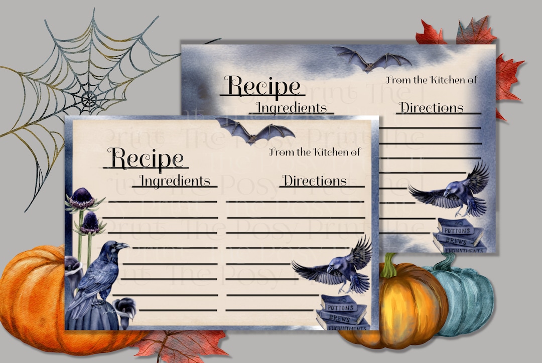 Halloween Recipe Cards, Gothic Crows, Two Recipe Card Designs, 4x6 ...